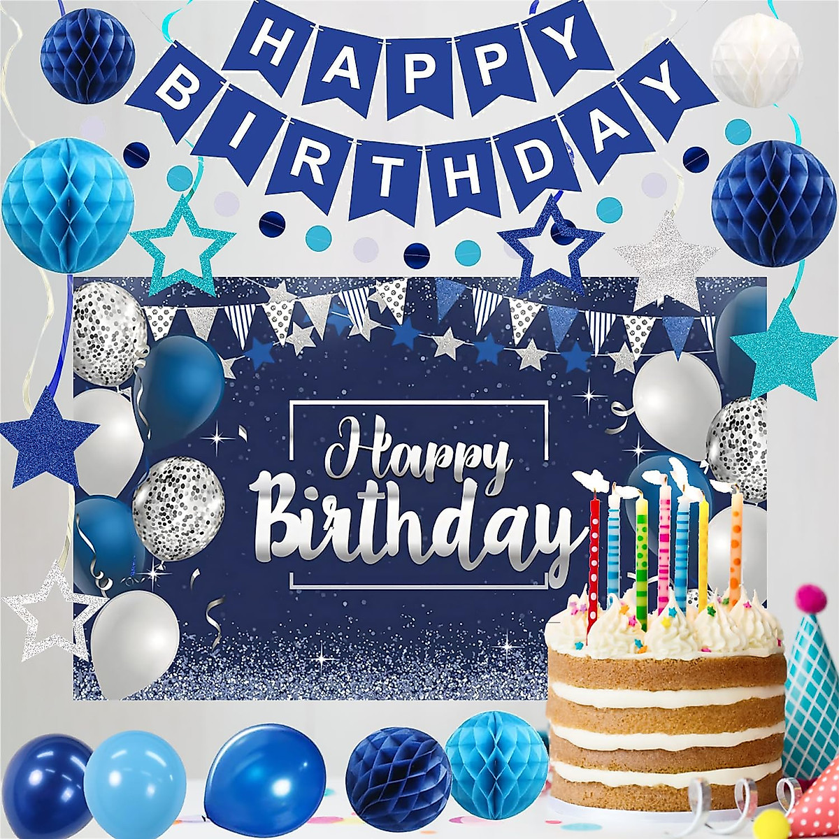 Blue Happy Birthday Decorations, 41 Pack Happy Birthday Banner, Balloons, Backdrop, Hanging Swirl, Honeycomb Ball and Circle Dot Garland Supplies for Birthday Party