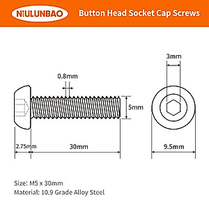 M5-0.8 x 30mm Button Head Socket Cap Screws Bolts 10.9 Grade Alloy Steel Metric, Black Oxide Finish, Machine Fully Threaded, Allen Hex Drive, 50PCS