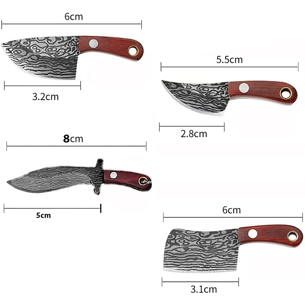 Afhzam Handmade Damascus Steel Knife Set Mini Chef Knives | HandForged EDC Knife Set Tiny Knife Cleaver for Package Opener Box Cutter | Keychain Small Knife 4-Piece Set with Sheath (Mini_KNF-1)