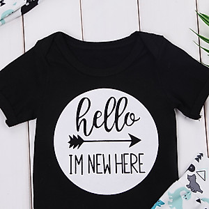 Hello Im New Here Infant Baby Boy Dinosaur Outfit Romper Pant Hat Clothes Set (0-3 Months, Black+White)