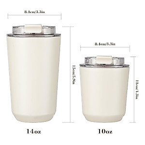 Puraville Insulated Tumblers with Lid, 14 oz Travel Coffee Mug Stainless Steel Vacuum Thermos Cup, 10/14 oz Leak Proof Reusable Double Walled Coffee Tumbler for Iced and Hot Drinks,Cream