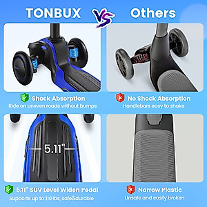 TONBUX Kids Scooter for Age 3-12, Toddler Scooter with 4 Adjustable Heights, Light Up 3-Wheels Scooter, Shock Absorption Design, Lean to Steer, Balance Training Scooter for Kids - Blue