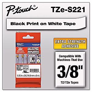 Brother P-Touch Tzes221 Tze Extra-Strength Adhesive Laminated Labeling Tape, 3/8-Inch W, Black On White
