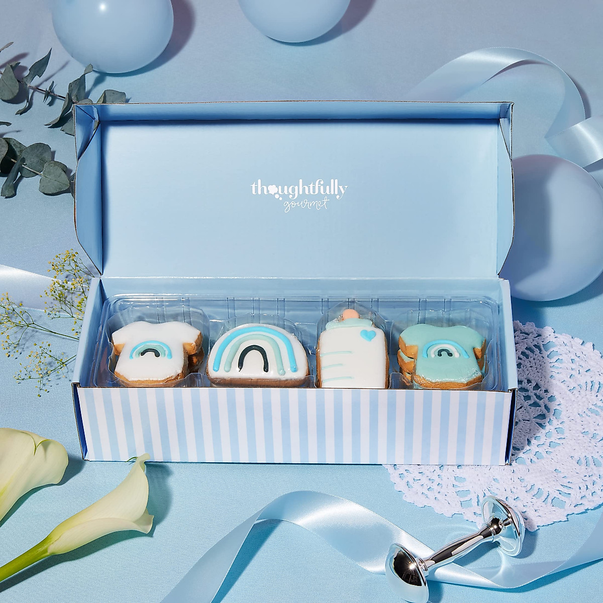 Thoughtfully Gourmet, Light Blue Boy Baby Sugar Cookies for Baby Shower Favors or Gender Reveal, Hand Decorated and Individually Wrapped, Set of 16