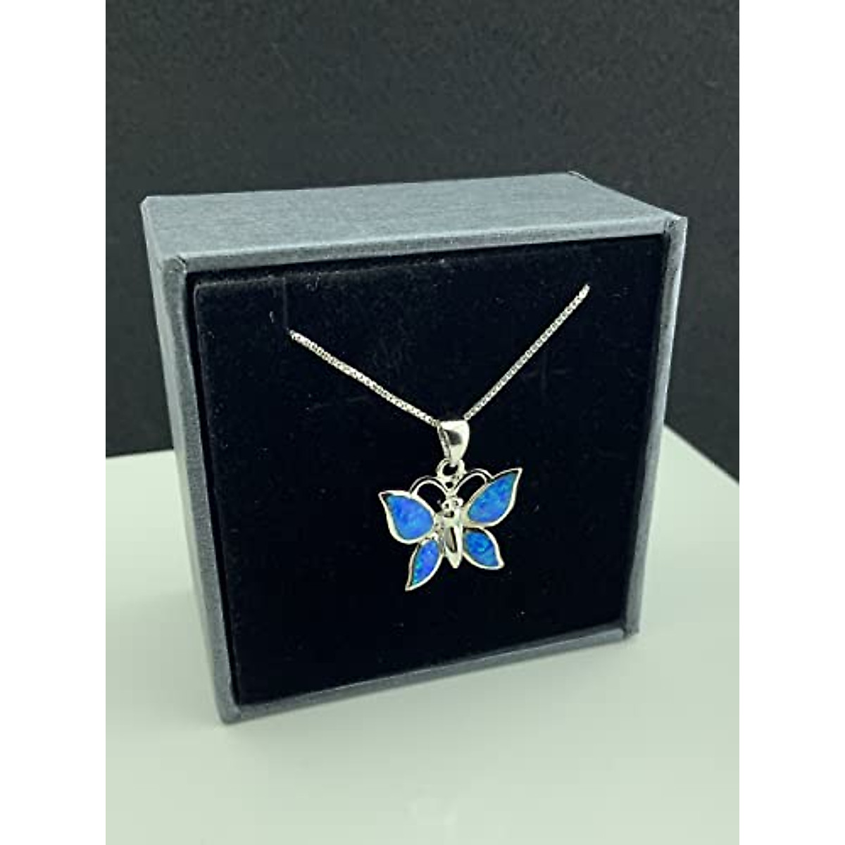 SILVERCLOSEOUT Rhodium Plated Sterling Silver Womens Created Blue Opal Butterfly Charm Necklace