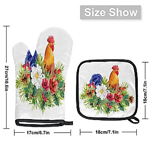 Rooster Bird Oven Mitts and Pot Holders Sets Heat Resistant Non Slip Oven Glove and Insulated Kitchen Counter Mat Suitable for Cooking Baking Grill