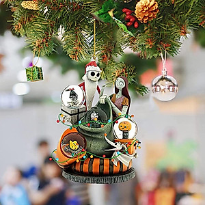 2023 Nightmare Halloween Christmas Tree Decorations, Cute Jack and Sally Christmas Pendants, Flat Christmas Ornaments Set for Xmas Tree and Car Interior (A)