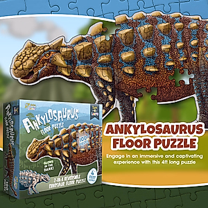 Ankylosaurus Dinosaur Jigsaw Puzzle | 100-Piece Double Sided Floor Puzzle with Glow-in-The-Dark Skeleton On Other Side | 4 FT Scientifically Accurate Dino Illustration | Educational Toy for Kids