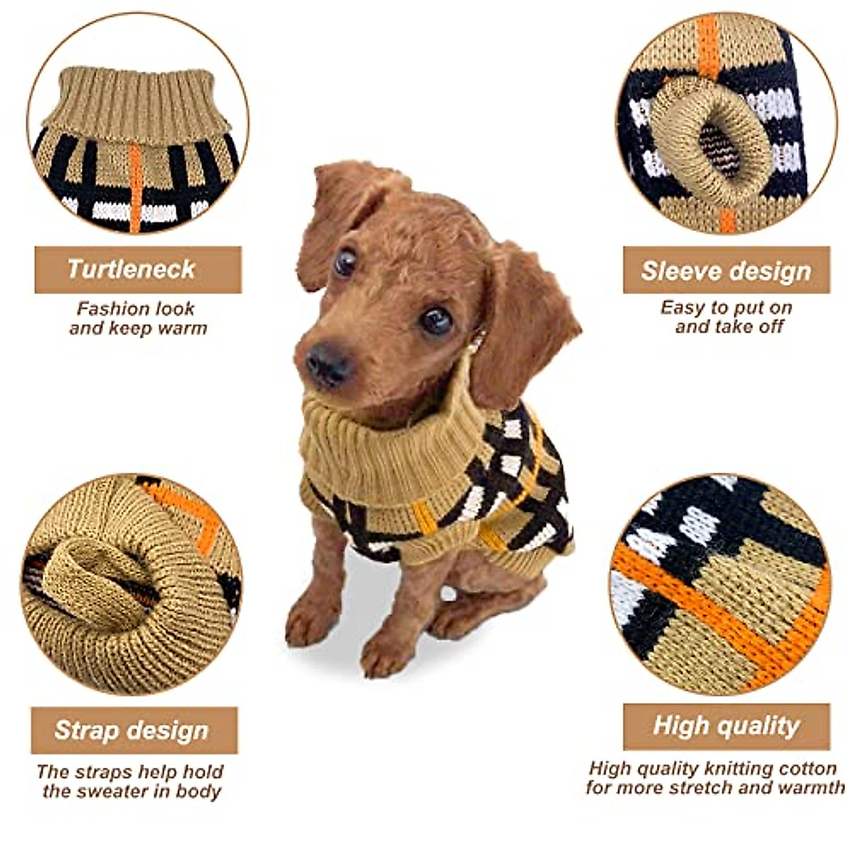 Classic Plaid Dog Turtleneck Sweater for Small Dog Pullover Knitted Sweater Pet Winter Warm Clothes Outfits for Poodle Puppy Cat Kitten Coffee Color (XXX-Large, Classic Plaid Style)