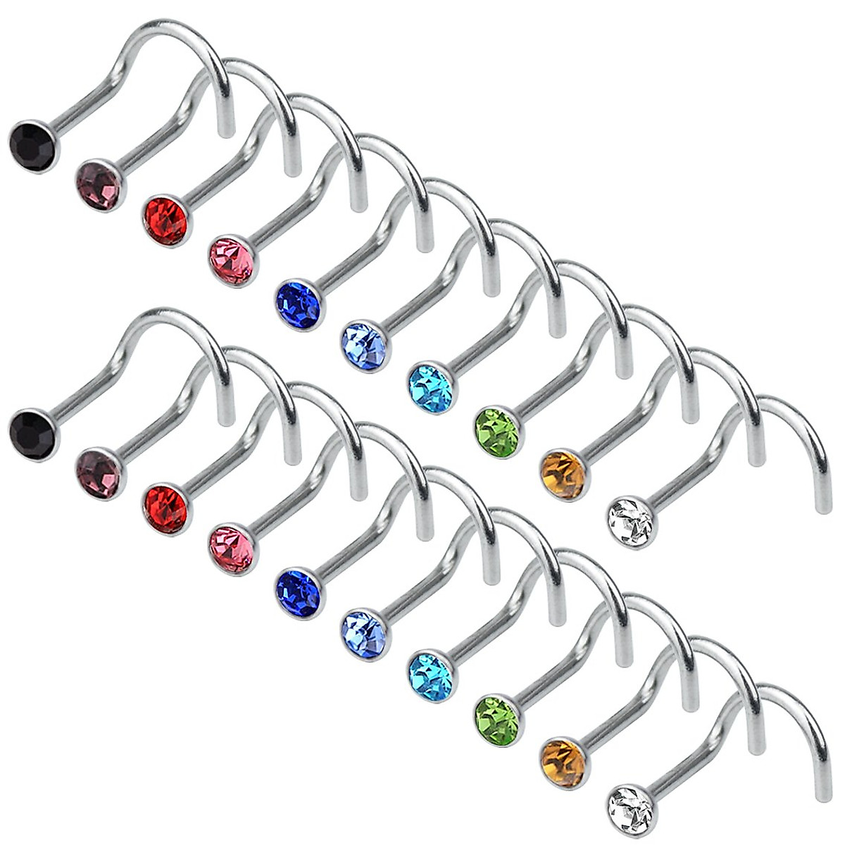 cnomg 20 pieces 316L Stainless Steel Rhinestone Nose Stud Rings Body Piercing- 10 Mixed Color 2.2 MM