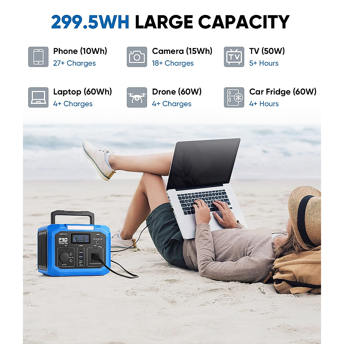 Portable Power Station 350W (500W Surge), Prostormer 299.5Wh/83200mAh Backup Lithium Battery with 110V AC Outlet and Wireless Charger, Solar Generator for Outdoor Camping, RV Travel and Home Emergency