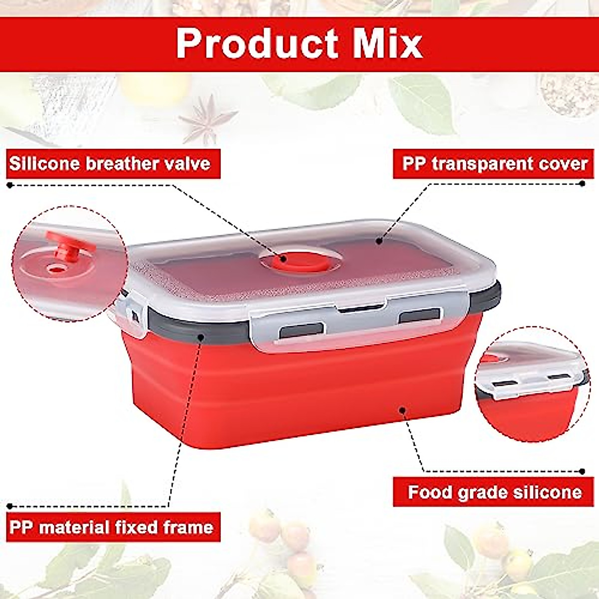 Mifoci 12 Pack Collapsible Bowls Bulk with Leak Proof Lids 17oz Rectangle Silicone Food Storage Containers Stack Food Container for Camping Kitchen, Microwave Dishwasher Freezer Safe (Grey Edge Red)