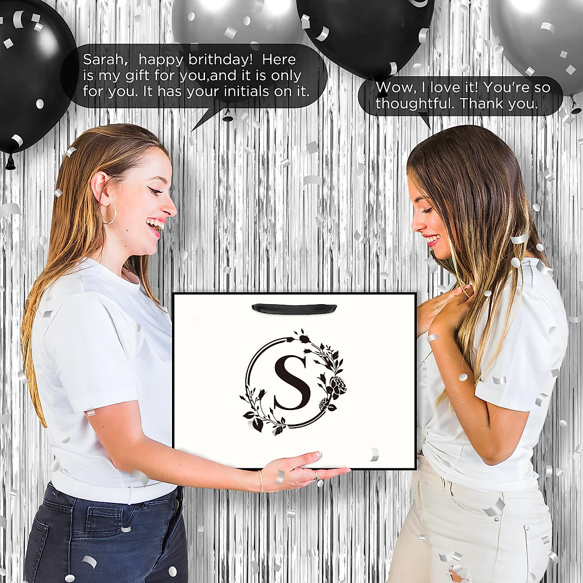 Initial Letter Gift Bag for Personalized Gifts 16.9'' x 12.6'' Monogrammed Letter Gift Bag with Wrapping Tissue Paper Cards, Paper Letter Gift Bag for Men Women Birthday Father's Day Gifts (Letter S)