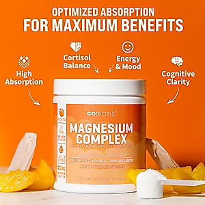 GoBiotix Magnesium Glycinate Powder - Magnesium Complex Supplement with Citrate, Malate, and Glutamine Chelate - Sugar Free, Non GMO - 420 mg per Serving - 60 Servings per Tub - Peach Tea