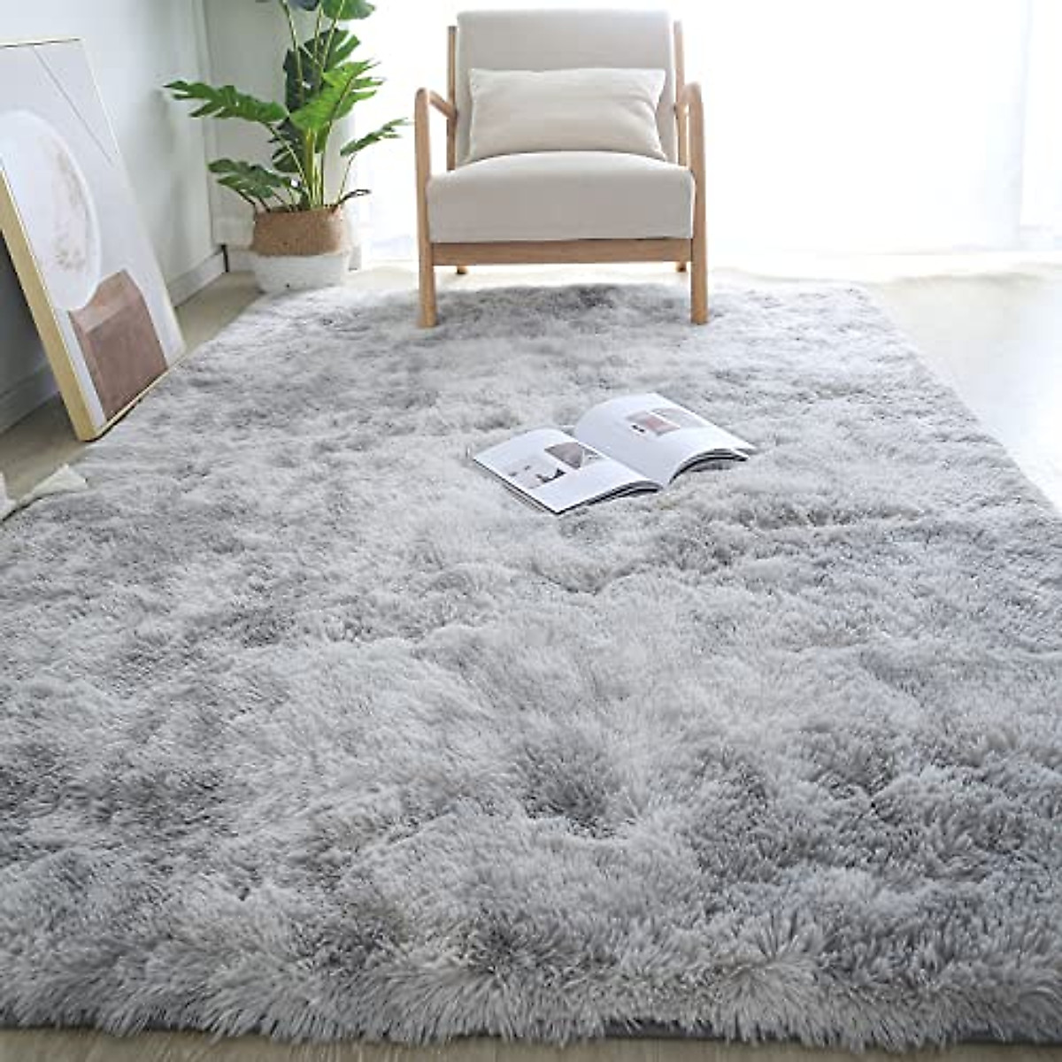CAIYUECS Shag Area Rug,Indoor Ultra Soft Fluffy Plush Rugs for Bedroom Living Room, Non-Skid Modern Nursery Faux Fur Rugs for Kids Room Home Decor (Tie-Dyed Light Gray, 5x7 Feet)