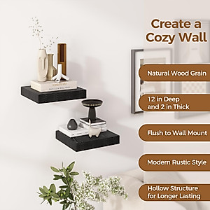 Black Floating Shelves 24 inches Long Set of 3, Bathroom Wall Shelves Over Toilet for Towels, Modern Wood Mounted Storage Shelf for Bedroom Living Laundry Room Kitchen Office Closet