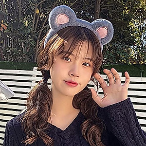 BYBYCD Plush Bear Ear Headband Hair Hoop Head Wrap Wash Face Non Slip Hairbands For Girls Women(white&pink)