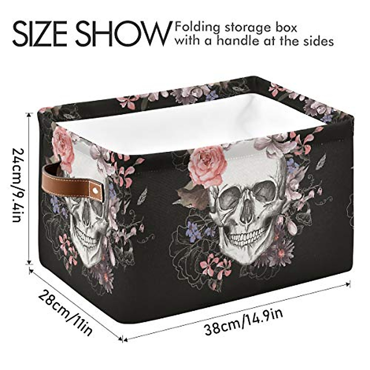 WELLDAY 2PCS Storage Basket Black Rose Skull Large Foldable Storage Bin Cube Collapsible Organizer
