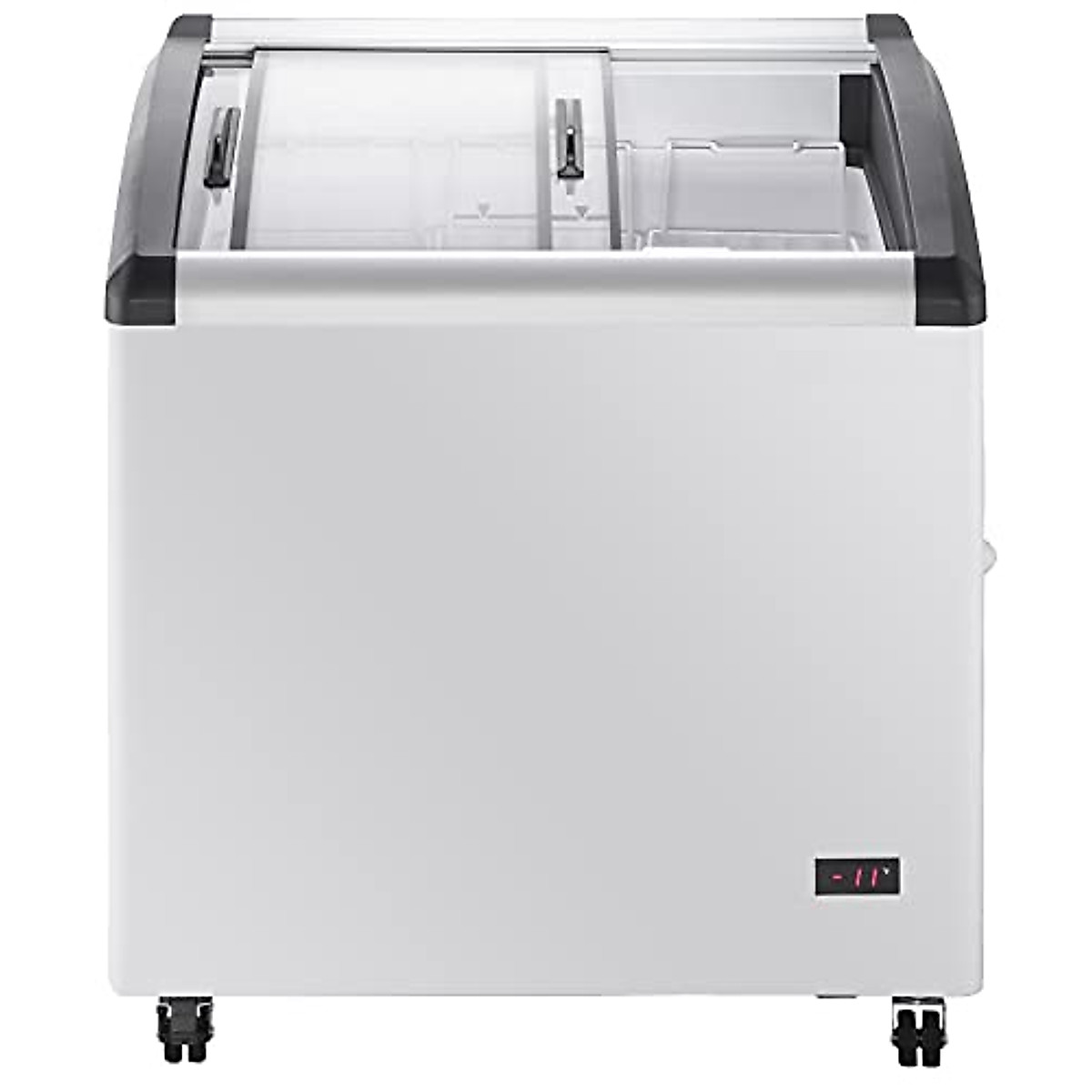 Duura Commercial Mobile Ice Cream Display Chest Freezer Sub Zero Temp Curved Glass Top Frost Free Lid with 3 Wire Baskets, 31.5 Inch Wide 4.87 Cubic Feet, White