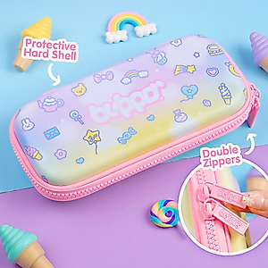 Blippo® Cute Pencil Case for Girls - Kawaii Pencil Case for Kids - Protective Hard Shell Pencil Box for Girls aged 7-10 - Small Pink Pencil Case Organizer with Rainbow Design