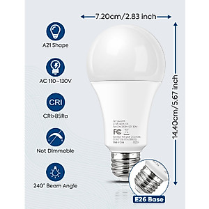 Nouscan 200W Equivalent LED Light Bulb, 2800LM Super Bright A21 LED Bulb, Daylight 5000K, 25W Energy Saving, E26 Medium Base, 120V for Garage, Warehouse, Shop, Living Room, Non-Dimmable, 2 Pack