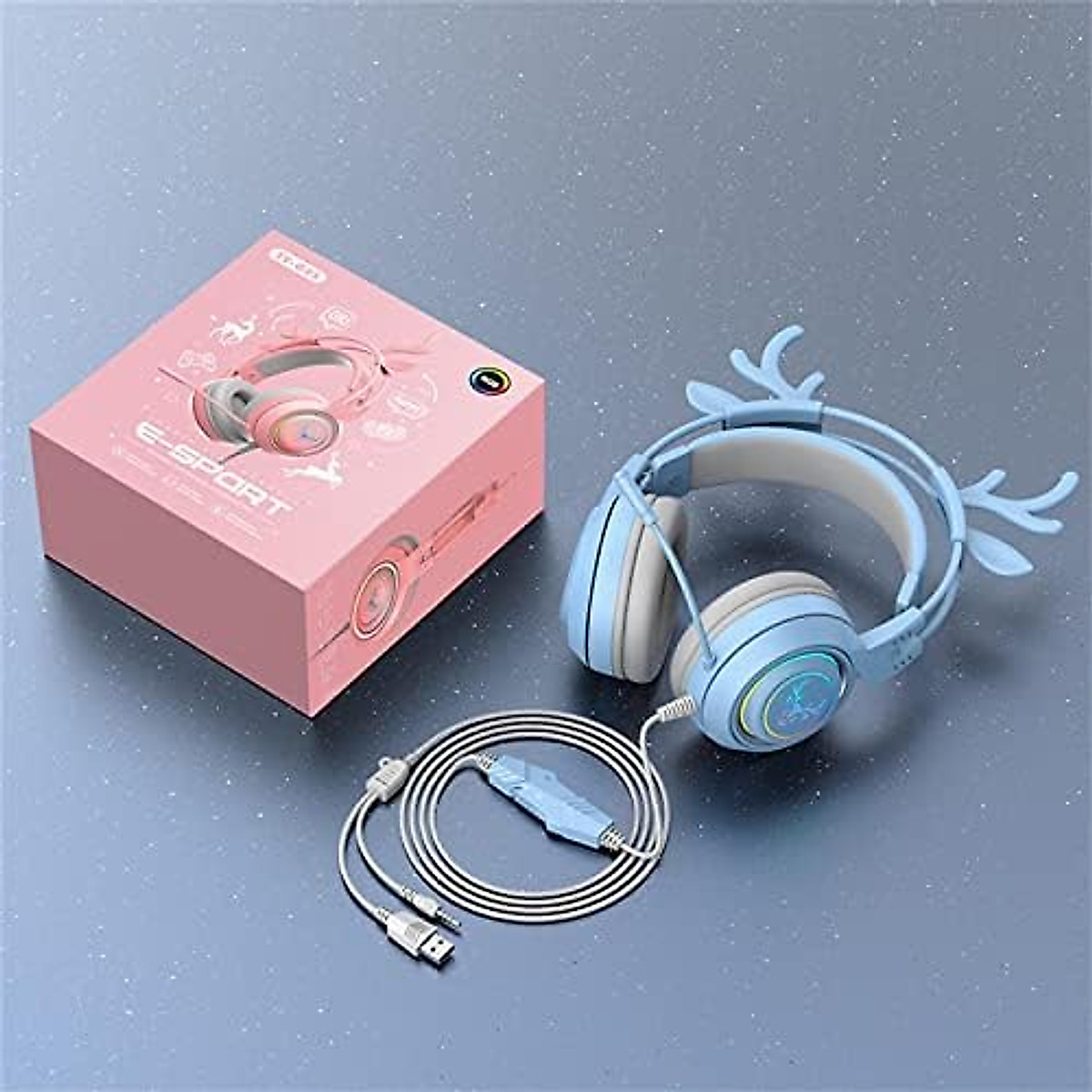 Atrasee Stereo Gaming Headset for PS4 PC Xbox One PS5 Controller, Noise Cancelling Over Ear Headphones with Mic, LED Light, Bass Surround, Soft Memory Earmuffs for Laptop Mac Nintendo (Blue Antlers)