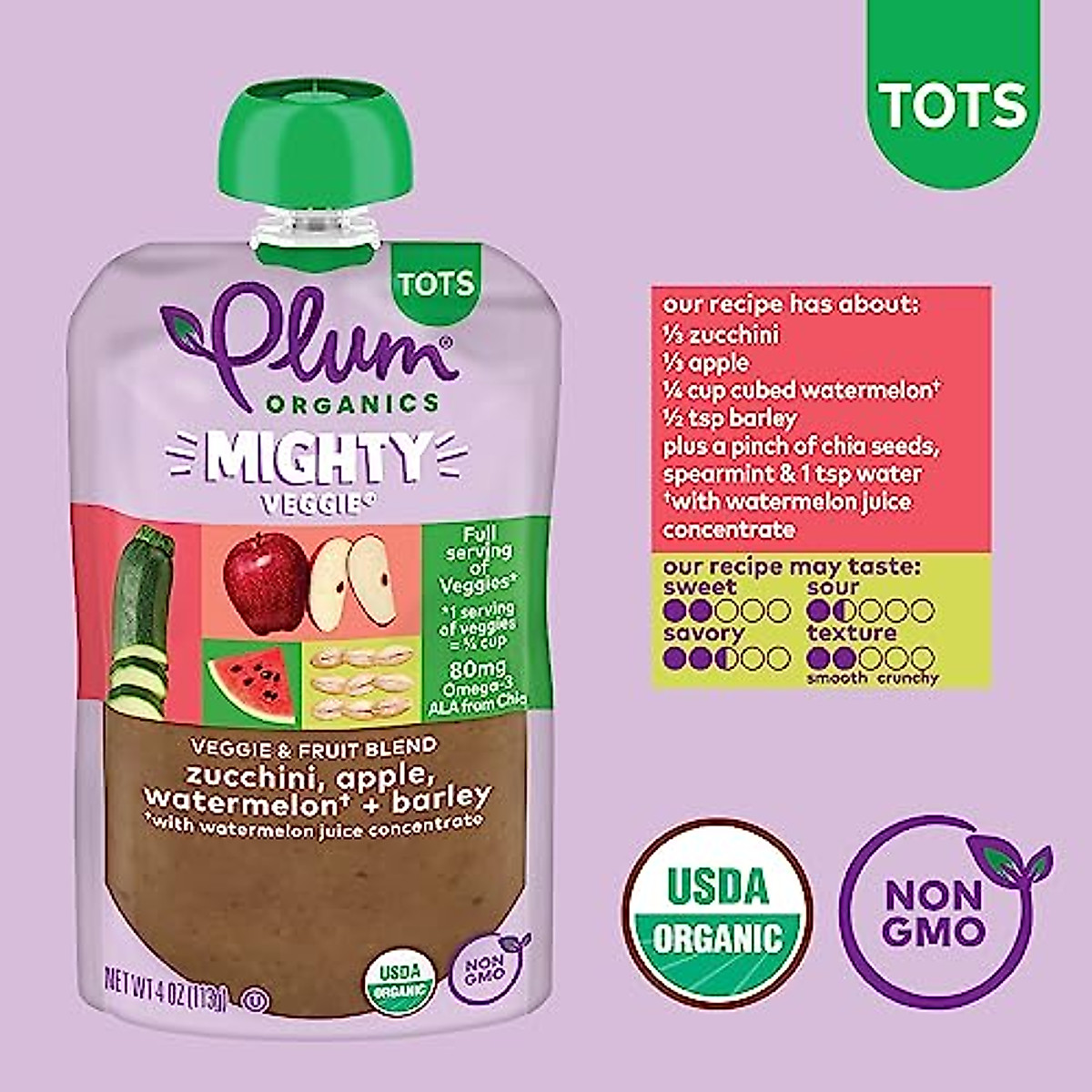 Plum Organics | Mighty Veggie Blends | Organic Baby Food Meals [12+ Months] | Zucchini, Apple, Watermelon & Barley | 4 Ounce Pouch (Pack Of 12)