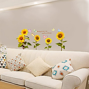 Sunflower Wall Decals Butterfly Sticker Garden Sun Flowers Plants Wall Sticker for Bedroom Living Room Kids Room Kitchen TV Background Wall Decoration Art Decor Sunflowers Wallpaper Peel & Stick