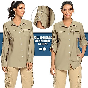 linlon Women's UPF Long Sleeve Fishing Shirts Button Up Hiking Safari Shirts Sun Protection and Quick Dry,Khaki,M