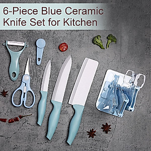 Kitchen Ceramic Knife, 6 Pieces Blue Ceramic Knife Set for Kitchen With Block, Rust Proof & Stain Resistant, Ultra Sharp Cooking Knife Set with Ceramic Peeler & Scissors for Home Restaurant (Blue)