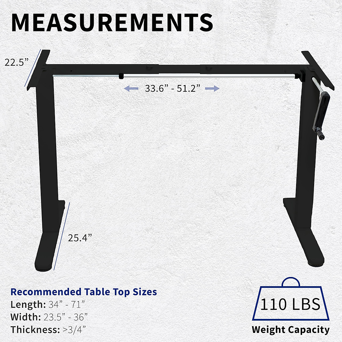 VIVO Compact Hand Crank Stand Up Desk Frame for 35 to 71 inch Table Tops, Ergonomic Standing Height Adjustable Base with Foldable Handle, Black, DESK-M051MB