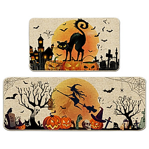 Hexagram Halloween Kitchen Mats Rugs, Halloween Kitchen Decor, Halloween Decorations Indoor Kitchen, Kitchen Rugs Non Skid Washable Set of 2, 17x29 & 17x47 Inch