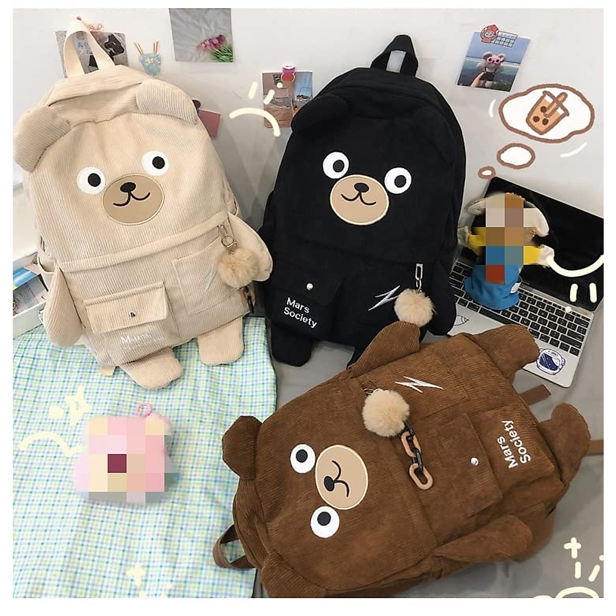 Aoakva Kawaii Bear Corduroy Backpack Cute for Teen Girl Boy Middle School Large Size (Brown)