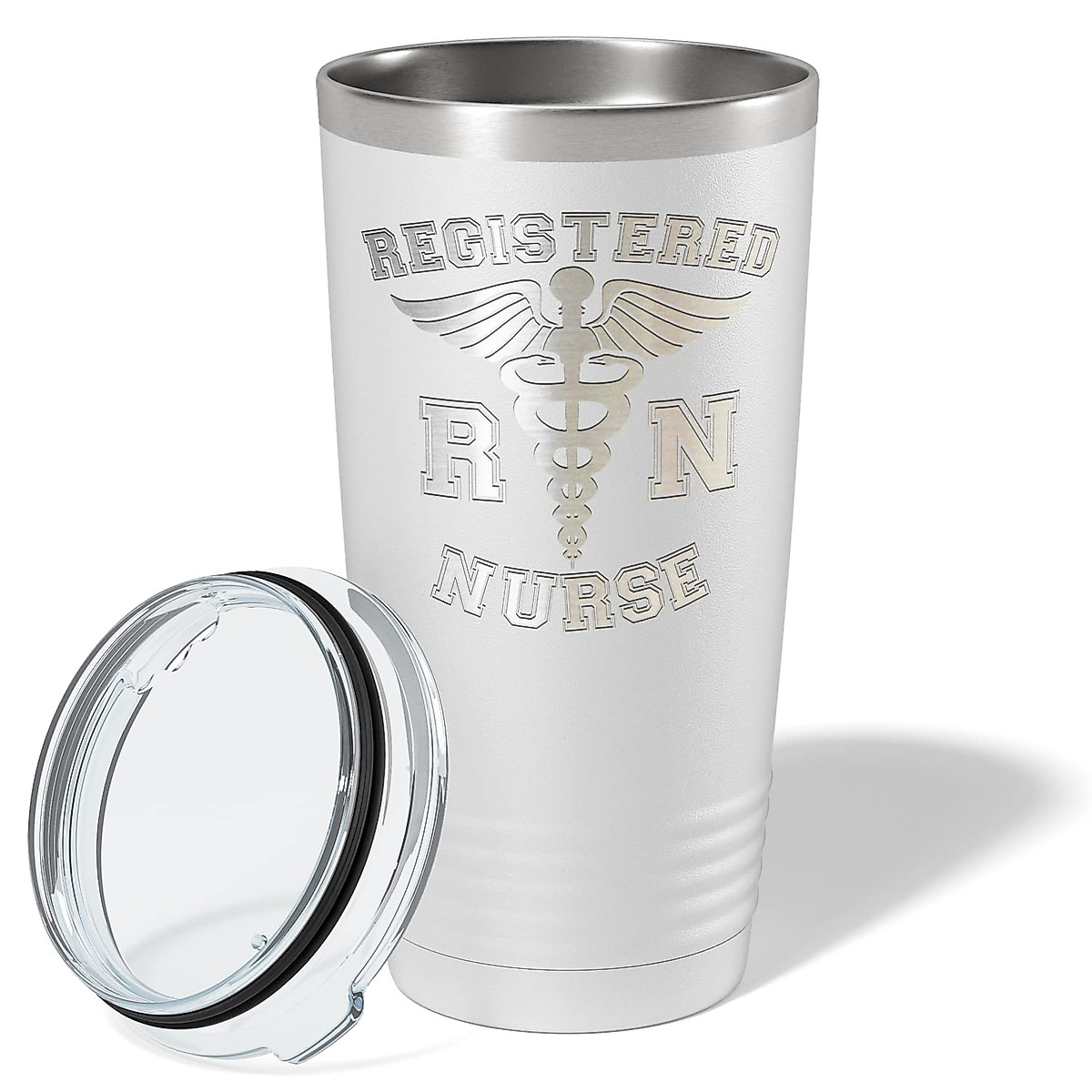 RN Registered Nurse Gift, Nursing School on White 20 oz Stainless Steel Tumbler with Lid - Insulated Cup - Travel Mug