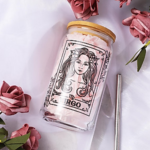 Nefelibata Virgo Beer Can Glass 16 OZ Constellation Iced Coffee Glass with Lid Metal Straw and Cleaning Brush, Reusable Drinking Cup for Coffee Tea Soda Juice, Zodiac Gifts for Women and Men, Set of 1