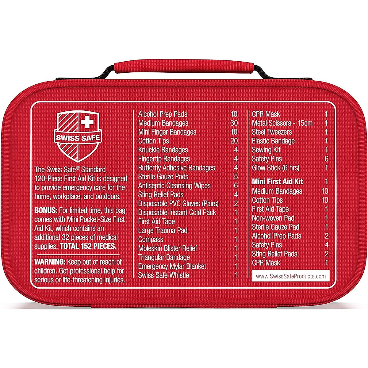 Swiss Safe 2-in-1 First Aid Kit for Car, Travel & Home, Businesses - Bonus Mini Kit for Medical Emergency Aid, Survival, Camping - FSA & HSA Eligible 120+32-Pcs, 1Pk -Red-Small+Travel
