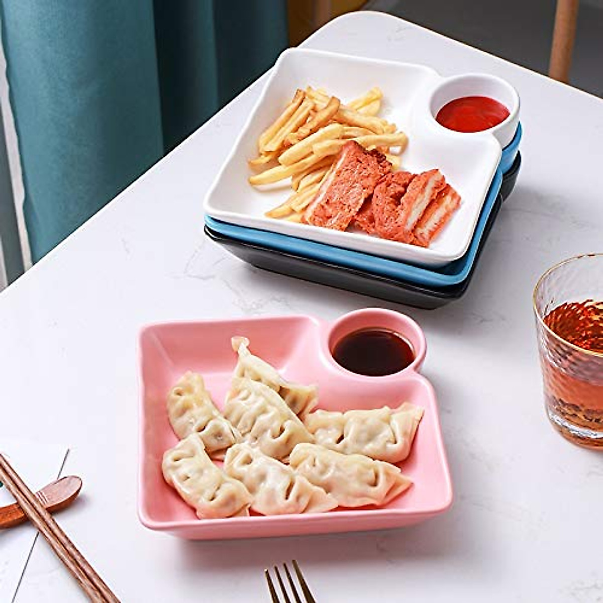 KOWMcp Dinner Plates Ceramic Dinner Plate, Ceramic Dumpling Plate with Vinegar Dish, White Yellow Green Pink, 18.3 * 4cm Japanese Tableware (Color : Yellow)