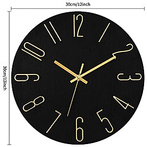 Foxtop Wall Clock 12 Inch Silent Non Ticking Battery Operated Round Wall Clock Modern Simple Style Clocks Decorative for Office Bedroom Kitchen School (Black Gold)