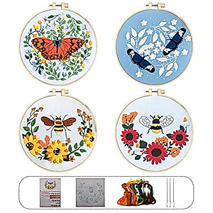 Embroidery Kit for Beginners, Butterfly Bee Flower Embroidery Starter Kit for Adults, 4 Sets Cross Stitch Practice Kits for Craft Lover, Including 4 Embroidery Hoop, Colored Threads and Needles