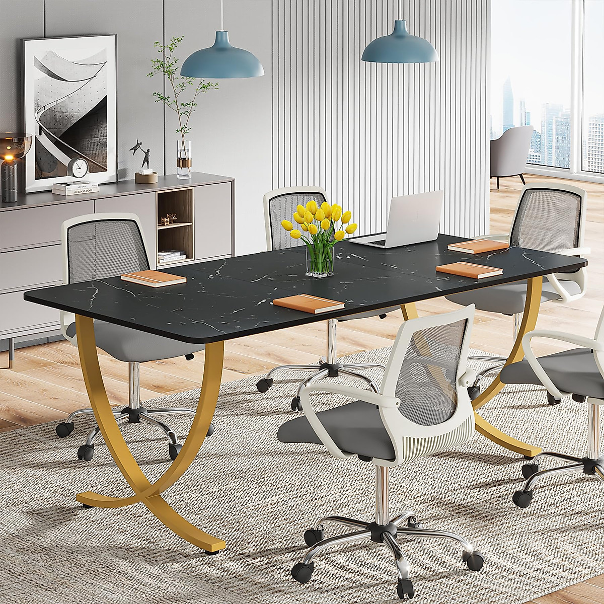 Tribesigns Executive Desk, 63” W x 31.5” D Large Office Desk, Modern Computer Desk Conference Table Meeting Room Table, Business Furniture for Home Office, Black and Gold