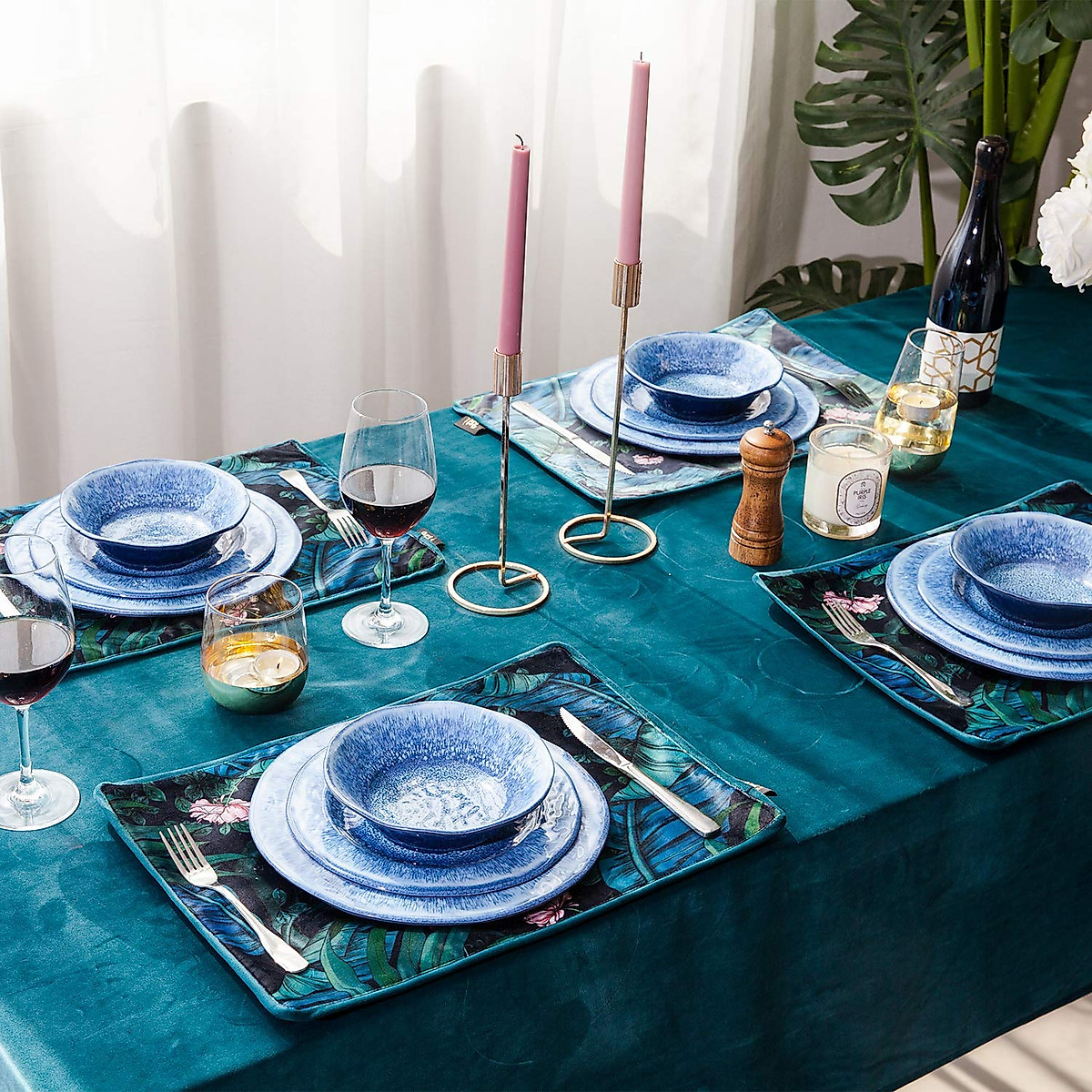 Topmela 12 Pcs Blue Melamine Dinnerware Set, Shatterproof and Dishwasher Safe, Ideal for Indoor and Outdoor Use