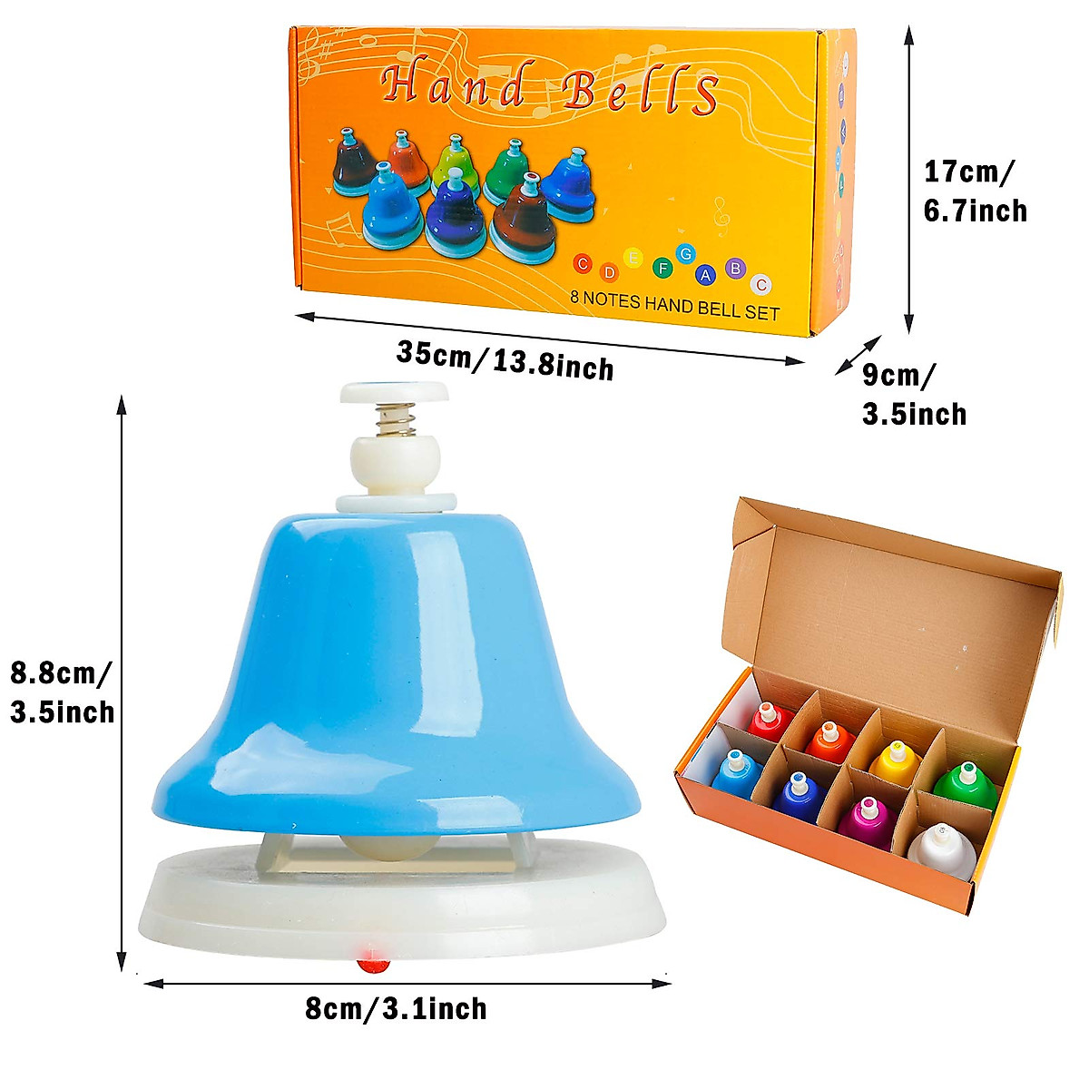 SHINLEYPACK Desk Bells Hand Bells for Kids,8 Notes Diatonic Colorful Metal Music Bells Percussion Instrument Musical Teaching Chromatic Birthday Gift for Children
