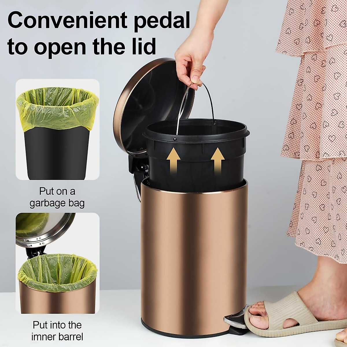 8 Liter/2.1 Gallon Round Metal Trash Can, Stainless Steel with Lid, Foot Pedal and Inner Bucket, Brushed Hands-Free Soft Close Lid Garbage Can for Kitchen, Bathroom, Bedroom