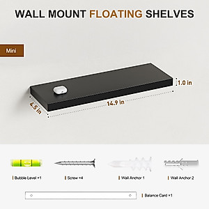 Bellsal Floating Shelves, Black Engineered Wood Wall Shelf Set of 2, 15" Wall Mounted Floating Shelf, Hanging Wooden Shelf Invisible with Brackets for Bedroom, Kitchen, Living Room, Bathroom Decor