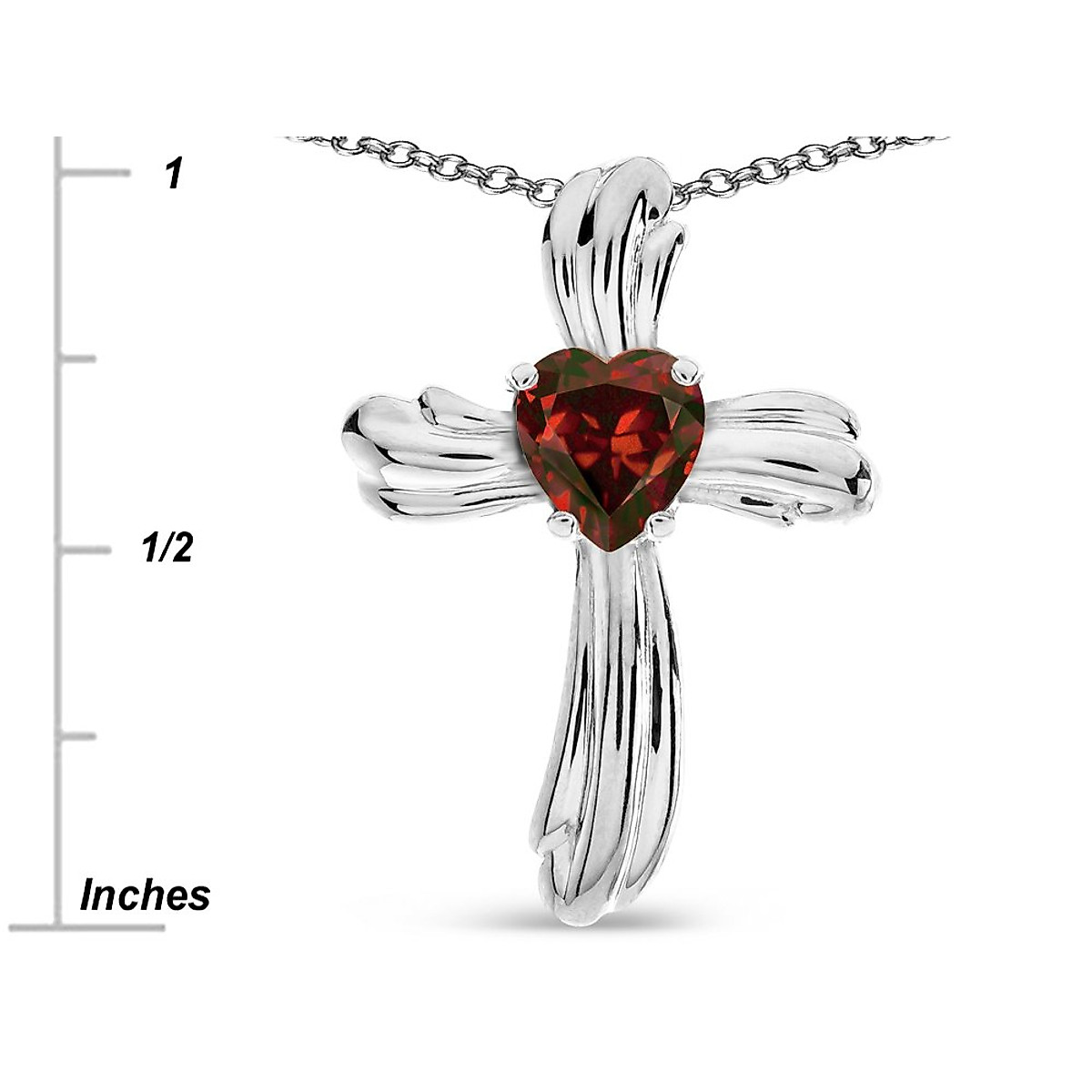 Star K Heart Shape 6mm Genuine Garnet Ribbed Cross Of Love Pendant Necklace 14 kt White Gold