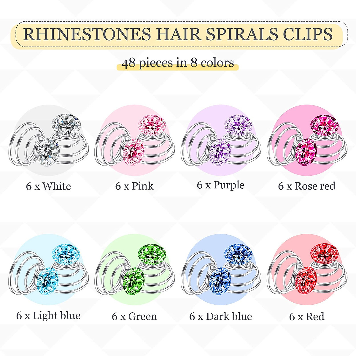 Xinnun 48 Pieces Rhinestone Hair Clips, Spiral Twist Hairpins with Rhinestone Crystal Metal Base, Hair Accessories for Wedding Bridal Prom Party, 1.4 cm/ 0.6 inches Diameter, 48 Pieces