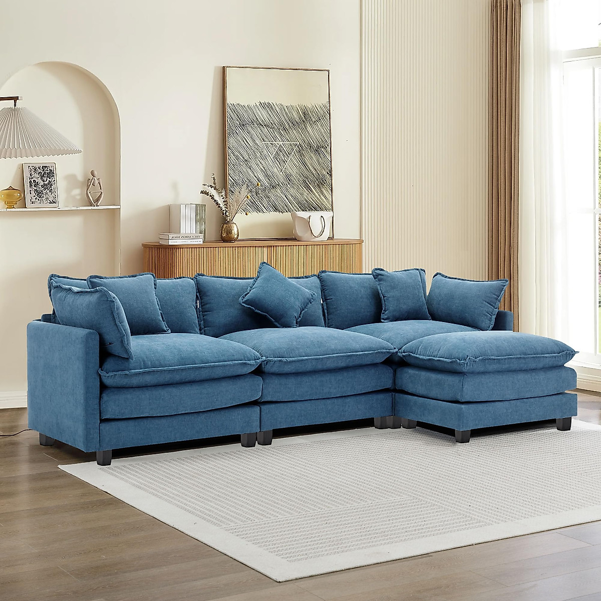 mikibama Modular Sectional Sofa, 112" L Shaped Sofa Set for Living Room, 3-Seater Comfy Upholstered Cloud Couches with Movable Ottoman, 5 Pillows, DIY Combination, Chenille, Blue