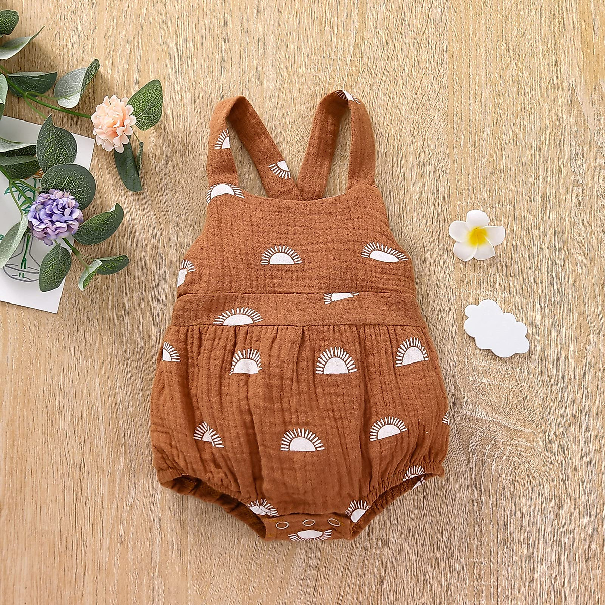 Newborn Girls Romper Jumpsuit Sun Print Sleeveless Cross Back One-Pieces Bodysuits Clothing (Brown, 0-6 Months, 6_Months)