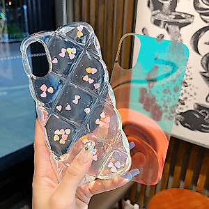 Qokey for iPhone XR Case 6.1",Cute Laser Gradual Bling Love Heart Glitter Clear+Translucent Card Soft Wave Frame Anti-Falling 3D Thick Shockproof Phone Cover for Women(for XR 6.1")