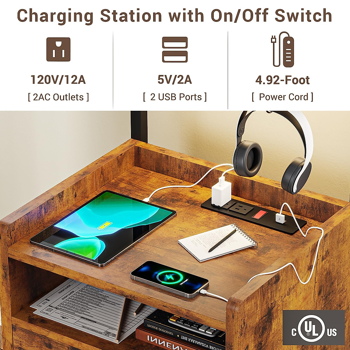 AOGLLATI Nightstand Set of 2 with Charging Station, Rustic Brown Night Stands for Bedroom Set of 2, Bedside Table with Storage Drawer and LED Light, End Side Table with USB Ports Easy Assembly